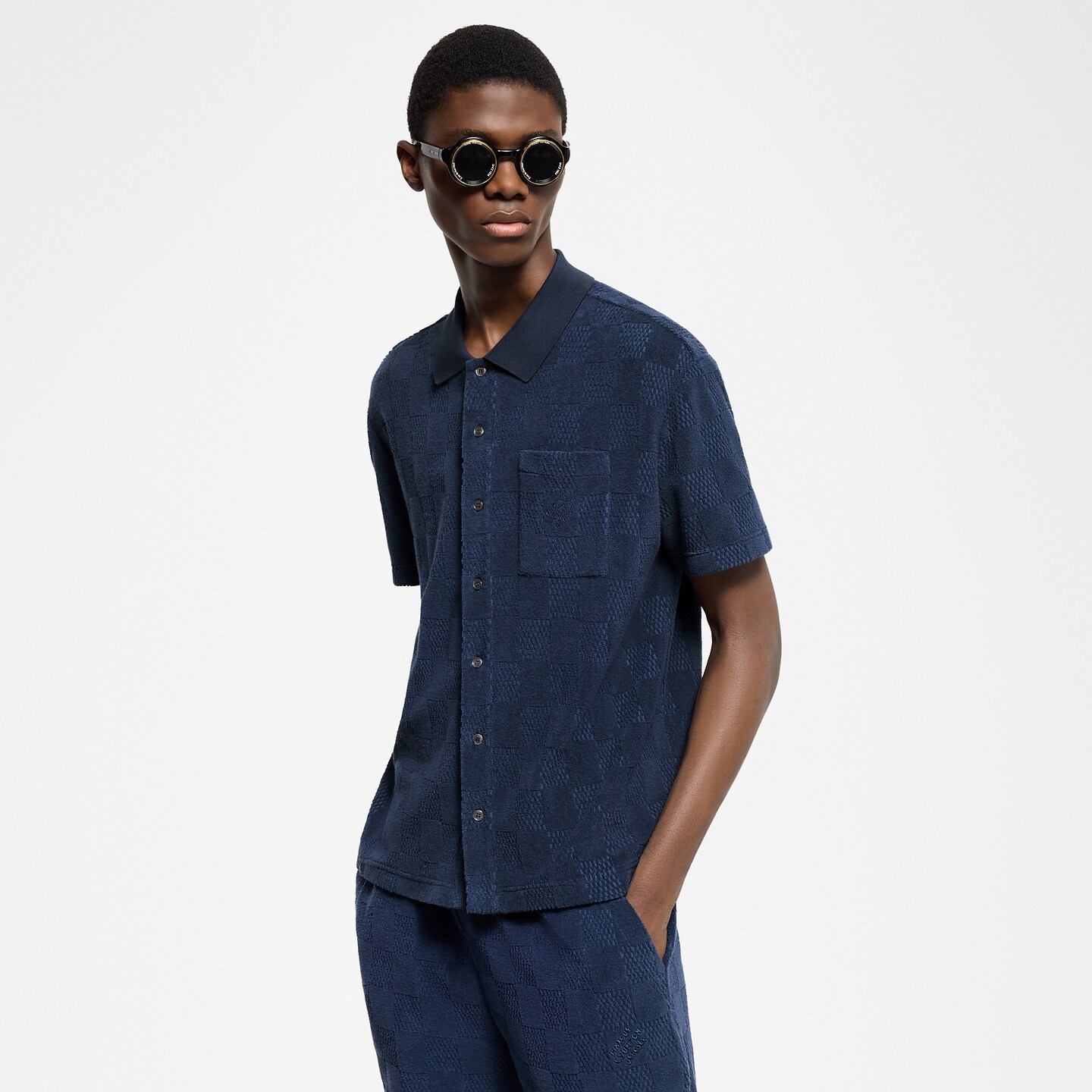 Damier French Terry Short-Sleeved Cotton Blend Shirt - Luxury Blue ...