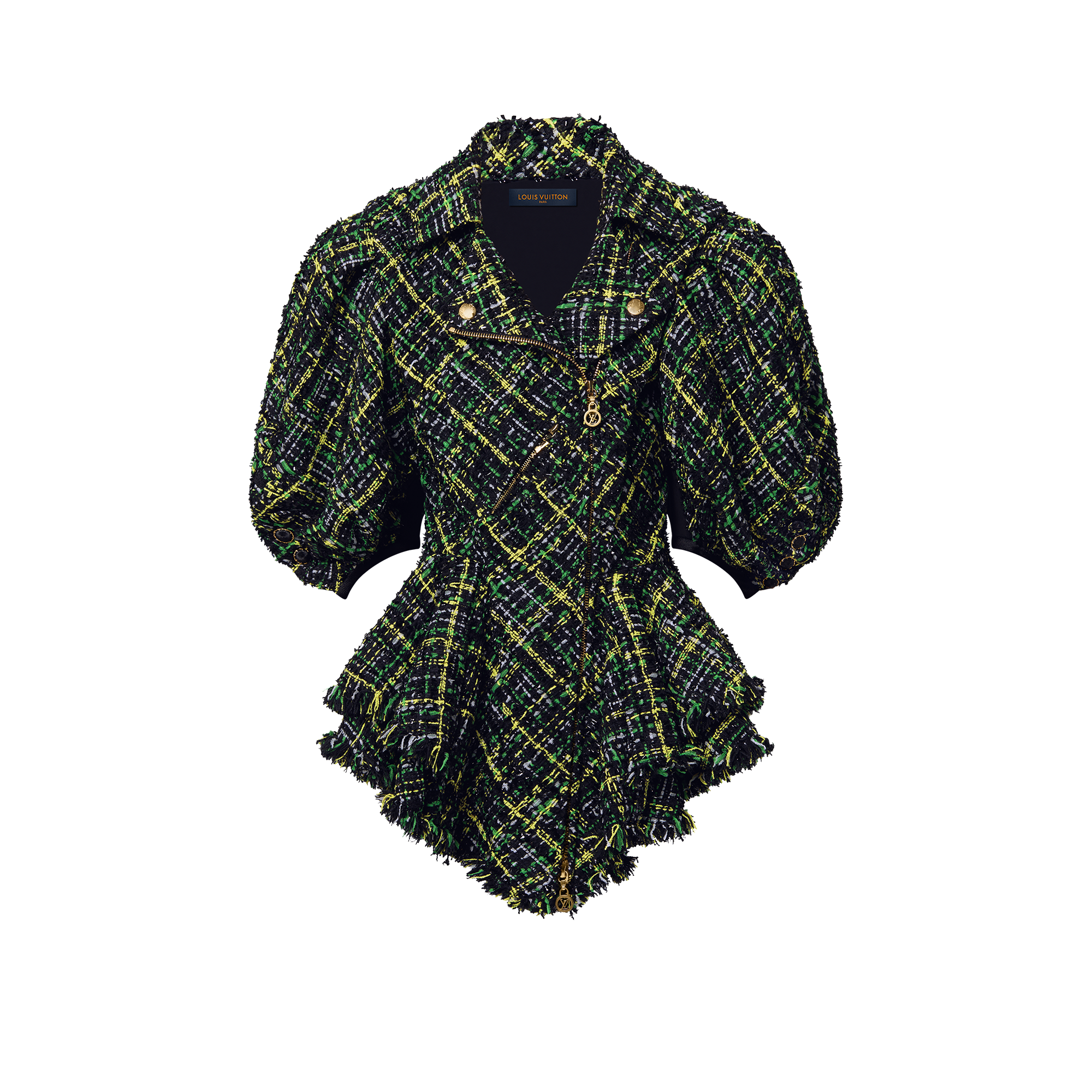 Graphic Tweed Puff Sleeve Biker Jacket - Luxury Green | LOUIS VUITTON